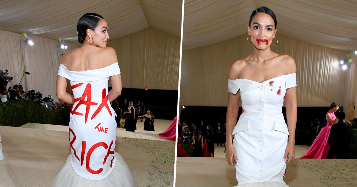 AOC wears 'Eat the Rich' dress to Met Gala then literally eats 4 rich ...